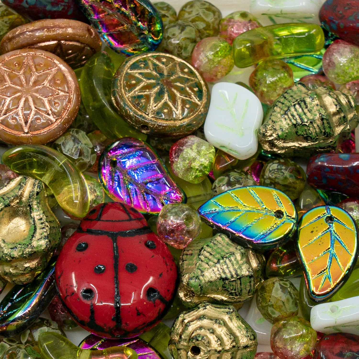 LIMITED Mix of Czech Glass Beads, Green with Red Huge Ladybird Beads ...