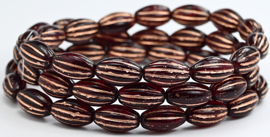 Oval Melon Beads, Ruby Red Copper Lined (90080-54200), Glass, Czech Re ...