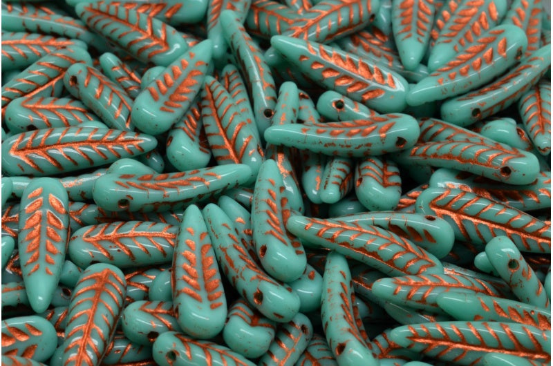 Bird Feather Beads, Turquoise Copper Lined (63130-54319), Glass, Czech ...