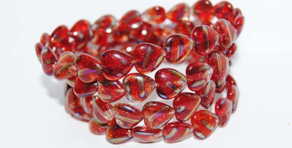 Heart Pressed Glass Beads, Mixed Colors Ruby Crack Line (Mix Ruby Crac ...