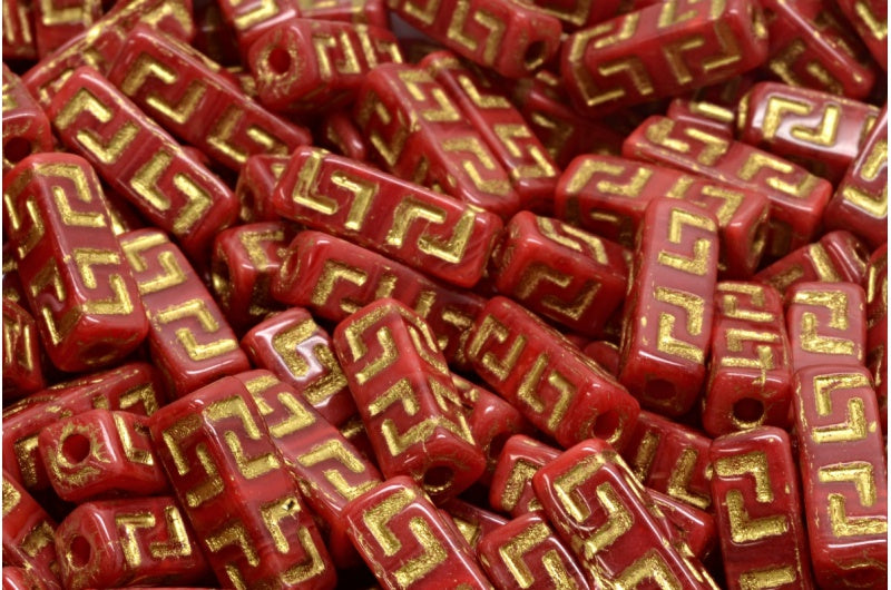 Celtic Block Beads, Opal Red Gold Lined (91260-54302), Glass, Czech Re ...