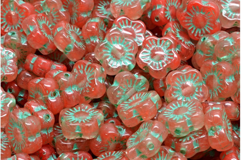 Sunset Flower Beads, R0932 Teal Lined (R0932-54316), Glass, Czech Repu ...