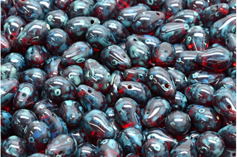 Drop Beads, Ruby Red Travertin (90080-86800), Glass, Czech Republic ...